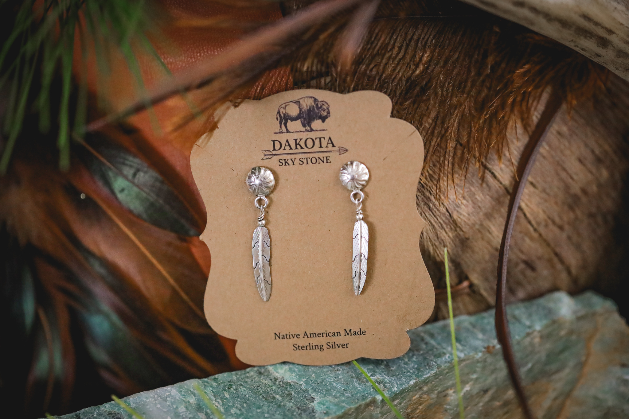Sterling Silver Feather Post Earrings - Native American Turquoise ...