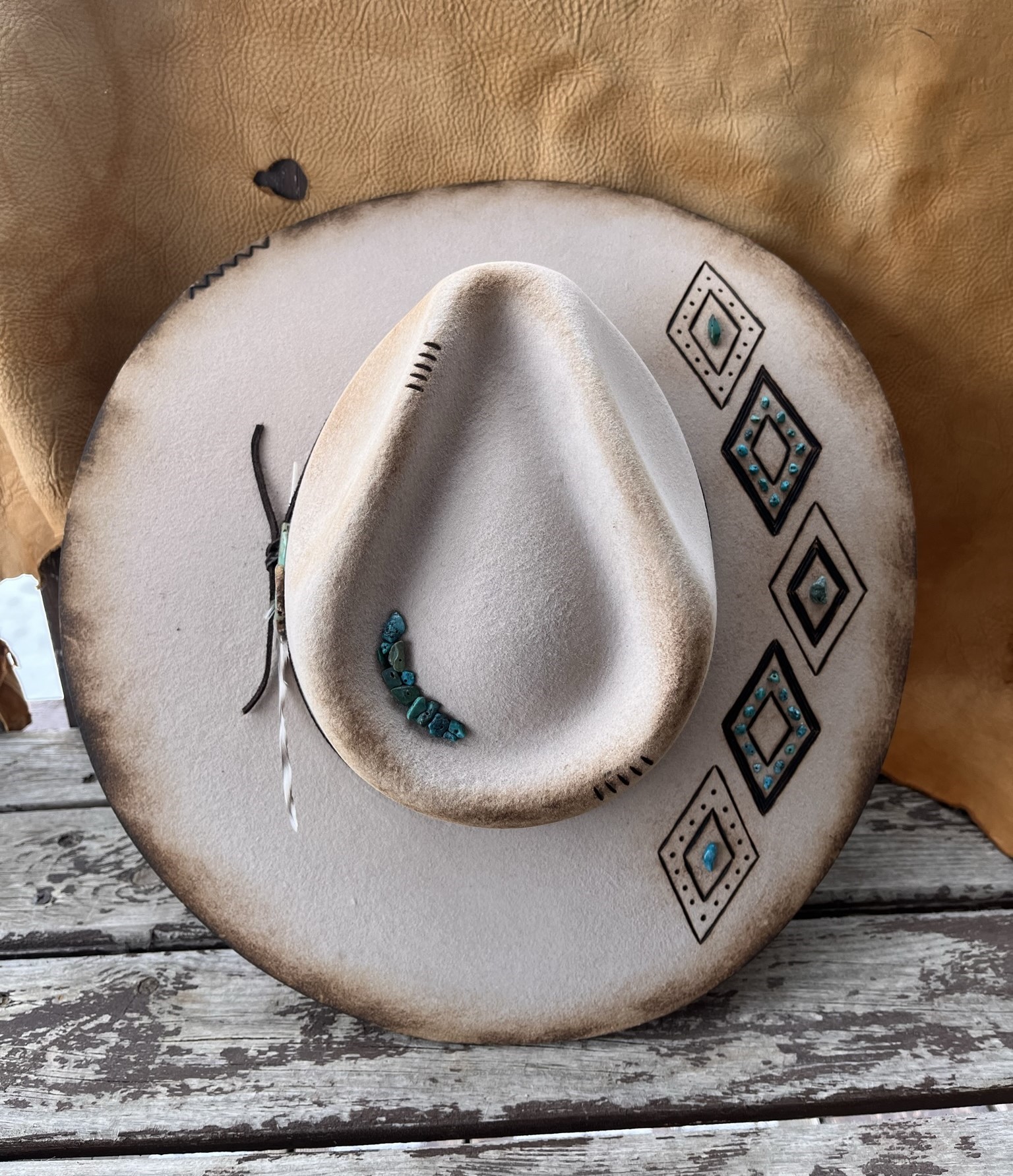 Burned Hat Western Hat with Authentic Turquoise Sz. Large - Native ...