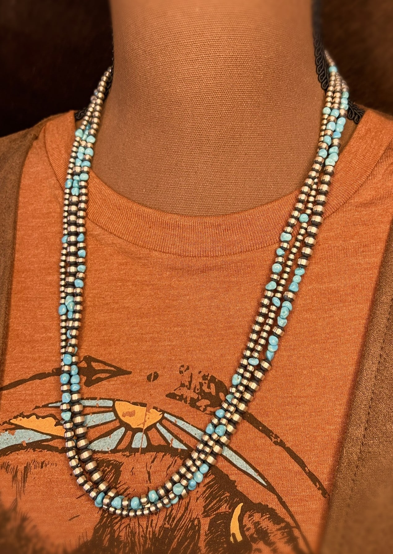 24IN Three Strand Navajo Pearl Necklace with Kingman Turquoise - Native ...