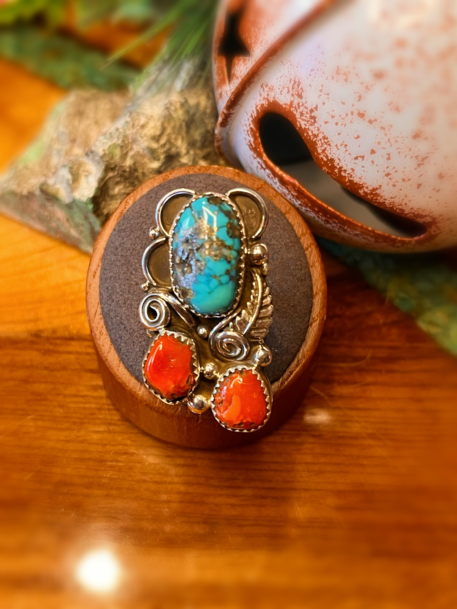 Morenci Turquoise and Coral Ring Sz. 7 - Native American Turquoise ...
