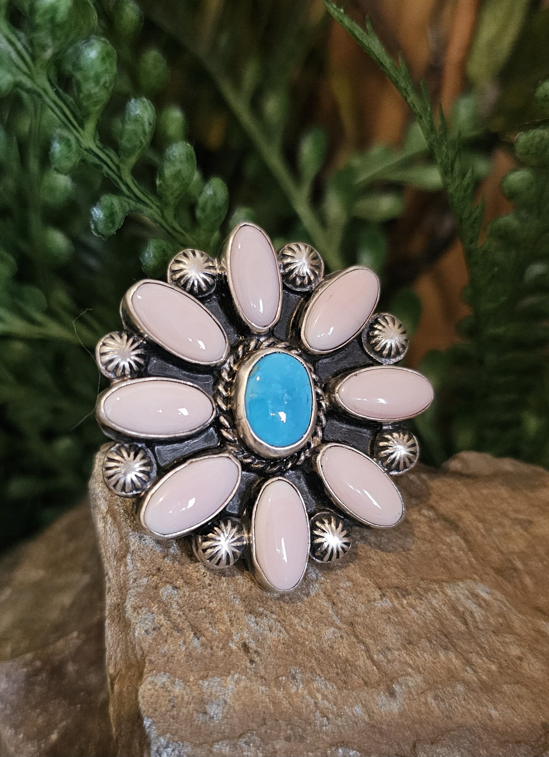 Adjustable Kingman Turquoise and Pink Conch Ring - Native American ...
