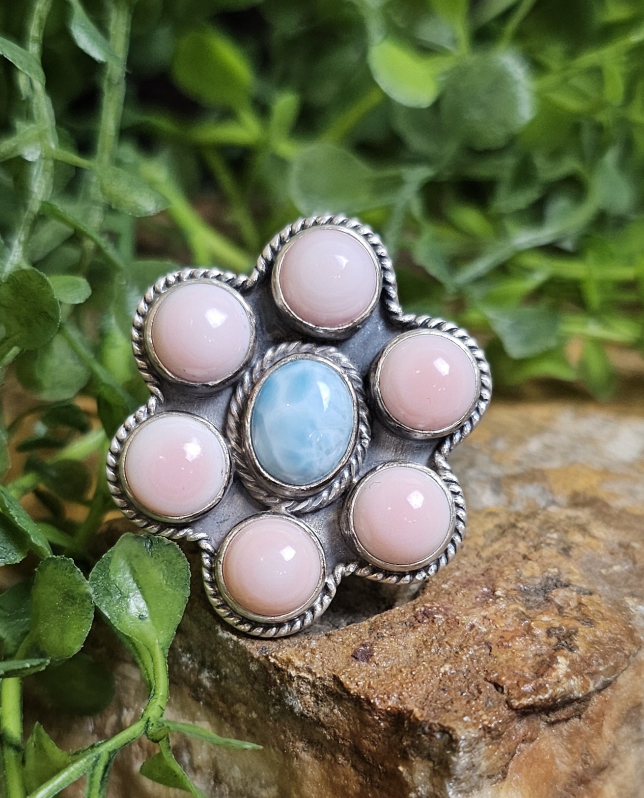 Adjustable Larimar and Pink Conch Ring - Native American Turquoise ...
